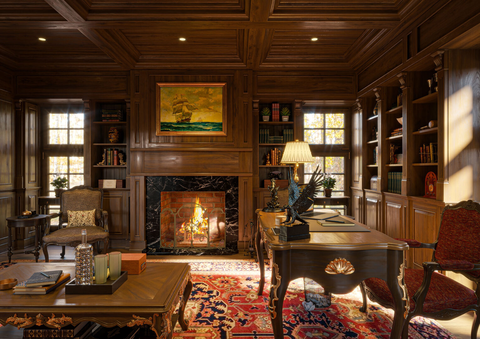 French Colonial Revival Library / Office Interior - Ronen Bekerman - 3D ...